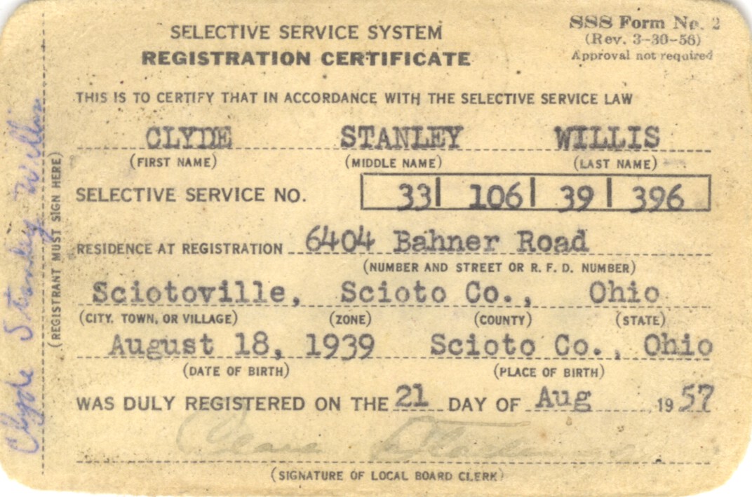 Selective Service System Registration Certificate for Clyde Willis ...